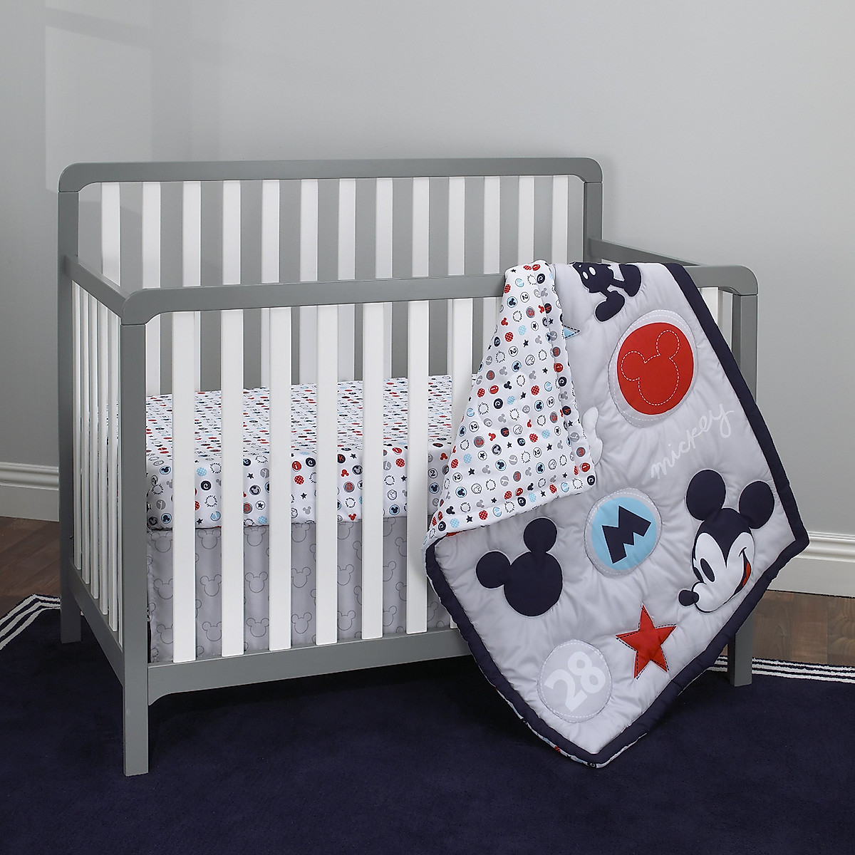 Disney Amazing Mickey Mouse 3 Piece Nursery Crib Bedding Set, Grey, Navy, Red, Blue
