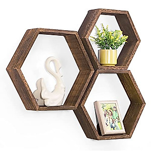 Honeycomb Shelves Set of 3 Wood Hexagon Shelves for Nursery Wall Farmhouse Octagon Shelves for Bedroom Wall Honey Combs Shelves Plant Shelf for Wall Decor Hanging Shelves for Plants, Rustic Brown