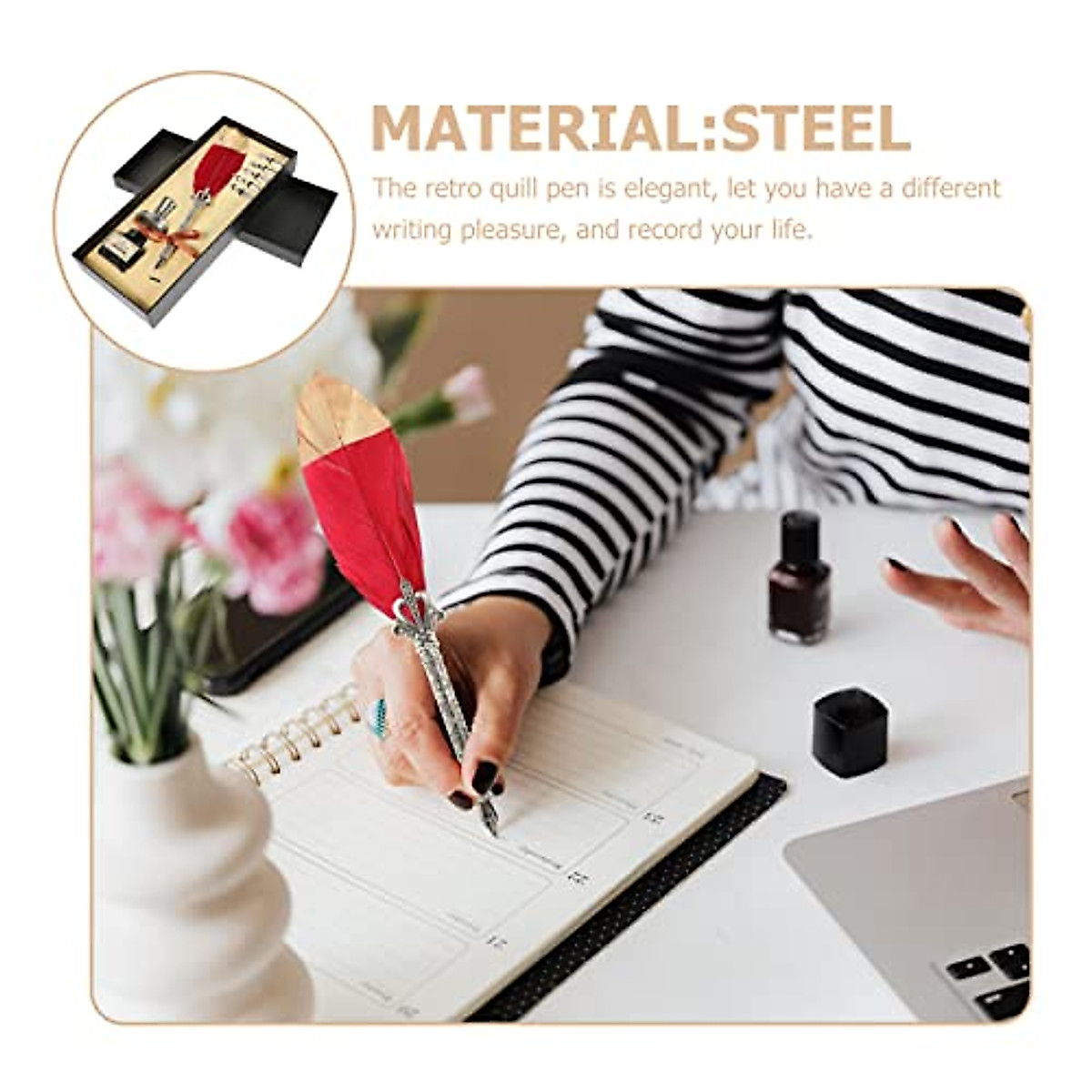 Operitacx Calligraphy Pens Quill Pen and Ink Set with Calligraphy Dip Pen Inkwell Stand Replacement Nibs for Writing Paper Letter Birthday Gift Wine Red Fountain Pen Ink