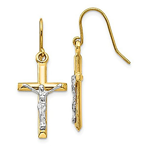 14K Two Tone Gold Lord Jesus Christ Crucifix Holy Hanging Cross Christian Religious Drop Dangle Earrings