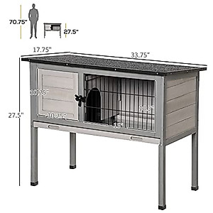 PawHut Elevated Wooden Rabbit Hutch, Indoor/Outdoor Bunny Cage with Hinged Asphalt Roof and Removable Tray for Guinea Pig, Grey