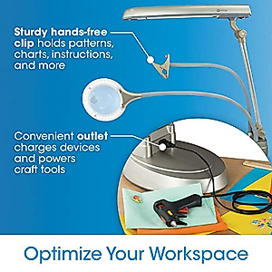 OttLite Ultimate 3-in-1 Craft Lamp, (Floor, Table and Clamp-On Lamp) 24w Energy Efficient Light Bulb for Bright Natural Daylight - Built-in Outlet, Adjustable Neck, 2X Magnifier & Versatile Height