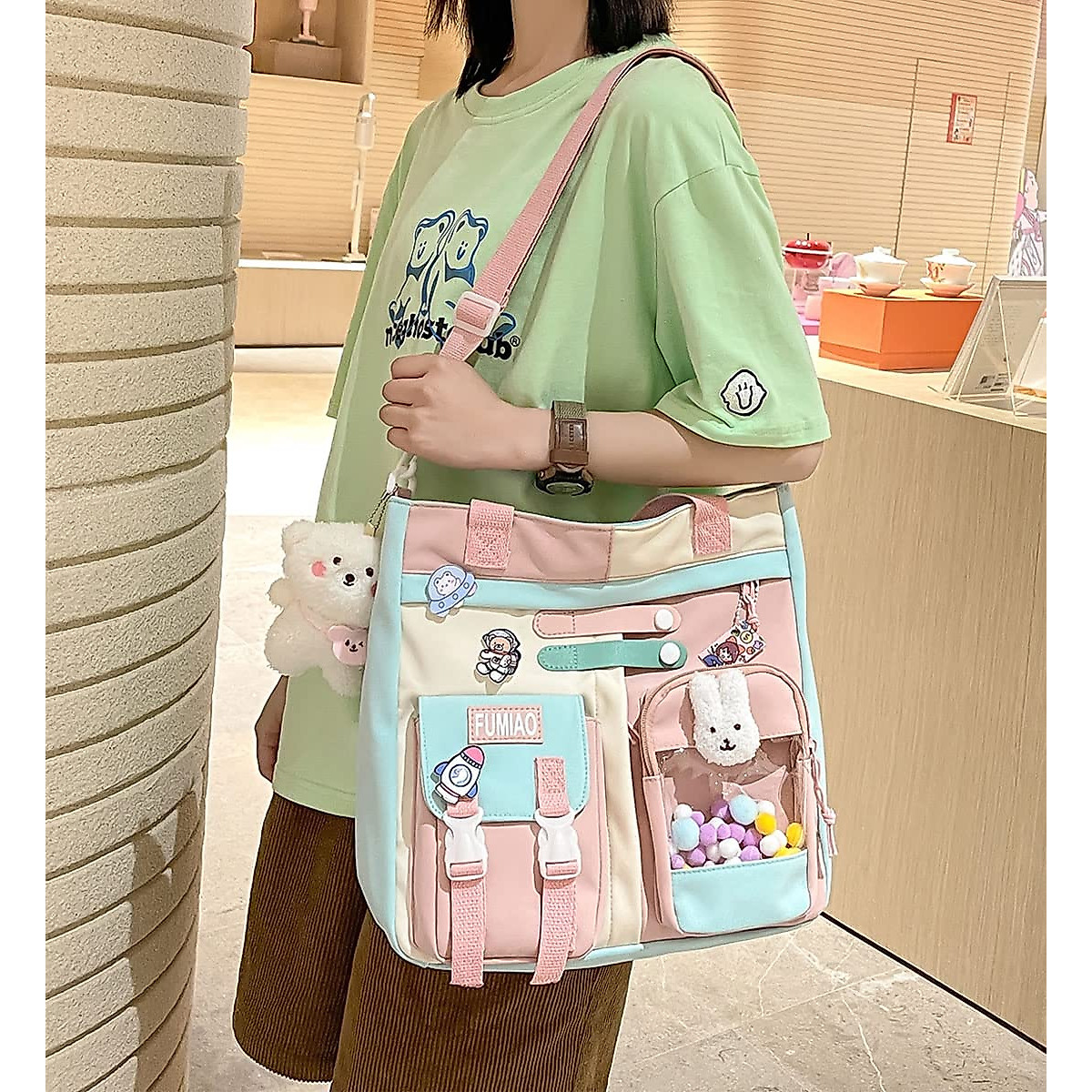 Aesthetic Messenger Bag with Kawaii Pins and Pendant for Women Cute Crossbody Bag Shoulder Tote Bag Casual Handbag(Pink &Green, One Size)