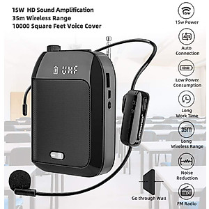 Wireless Voice Amplifier, 15W Rechargeable Portable PA System (2400mAh) Bluetooth Speaker with UHF Wireless Microphone for Teachers, Tour Guide and More