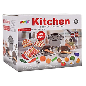 JOYIN Kid Play Kitchen, Pretend Daycare Toy Sets, Kids Cooking Supplies with Stainless Steel Cookware Pots and Pans Set, Cooking Utensils, Apron&Chef Hat and Grocery Play Food Sets, Toddler Gifts