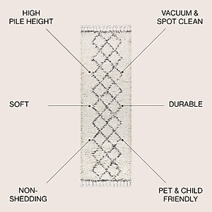 JONATHAN Y MCR103B-28 Mercer Shag Plush Tassel Moroccan Tribal Geometric Trellis Indoor Area-Rug Bohemian Easy-Cleaning High Traffic Bedroom Kitchen Living Room, 2 X 8, Cream/Grey