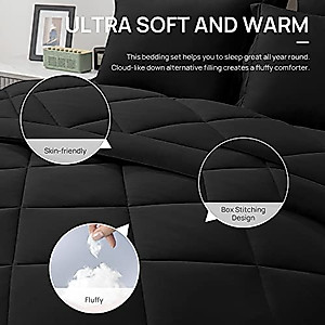 Love's cabin Full/Queen Comforter Set Black, 7 Pieces Queen Bed in a Bag, All Season Full/Queen Bedding Sets with 1 Comforter, 1 Flat Sheet, 1 Fitted Sheet, 2 Pillowcase and 2 Pillow Sham