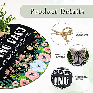 Baby Sleeping Sign for Front Door 12 Inches Funny Do Not Knock or Ring Doorbell Sign Wreath Baby is Sleeping Sign with Buffalo Plaid Bow Decoration Do Not Disturb Sign for Home Baby Room Nursery