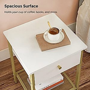 VASAGLE White Nightstand with Drawer, Bedside Table, End Table with Open Shelf, Modern Style for Bedroom, White and Gold ULET512A10