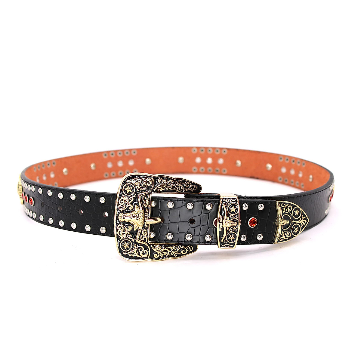 West Star Concho Genuine Leather Belt Mens Women Western Cowboy Leather Belt-Rooster Black Red XL
