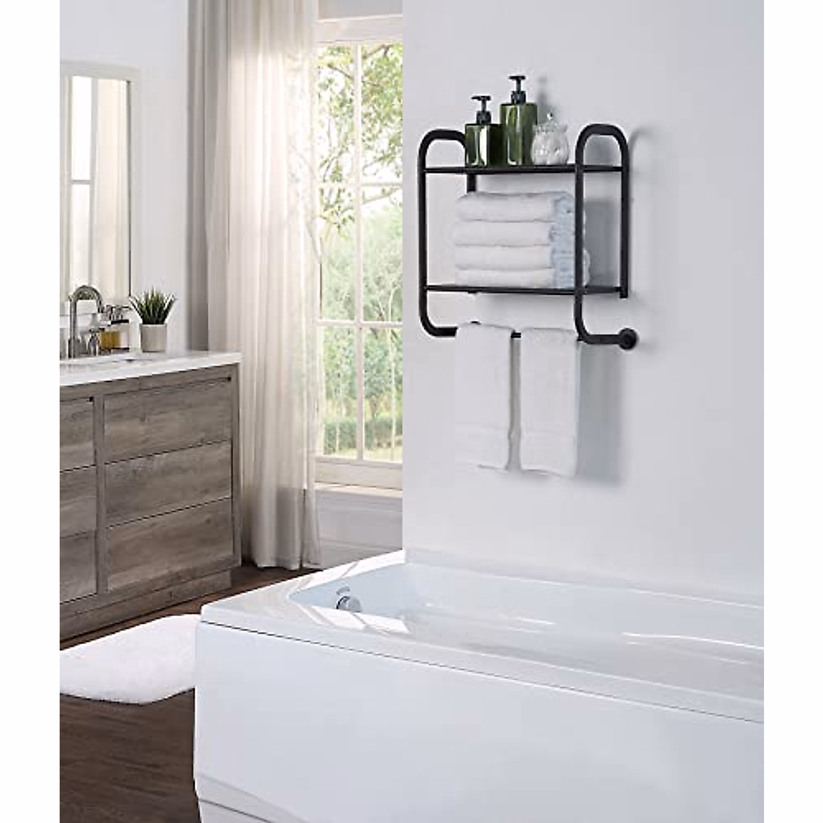 SunnyPoint Compact Wall Mount 2 Tier Bathroom Shelf with Towel Bars (Brown)