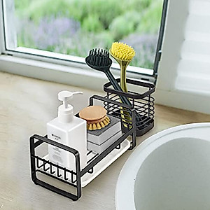 YVMVDV Kitchen Sink Caddy Sponge Holder for Sink, 304 Stainless Steel Sink Caddy Organizer with Drain Pan,Kitchen Organizer Soap Brush Dispenser with Brush Dishrag Holder Rack (Black)