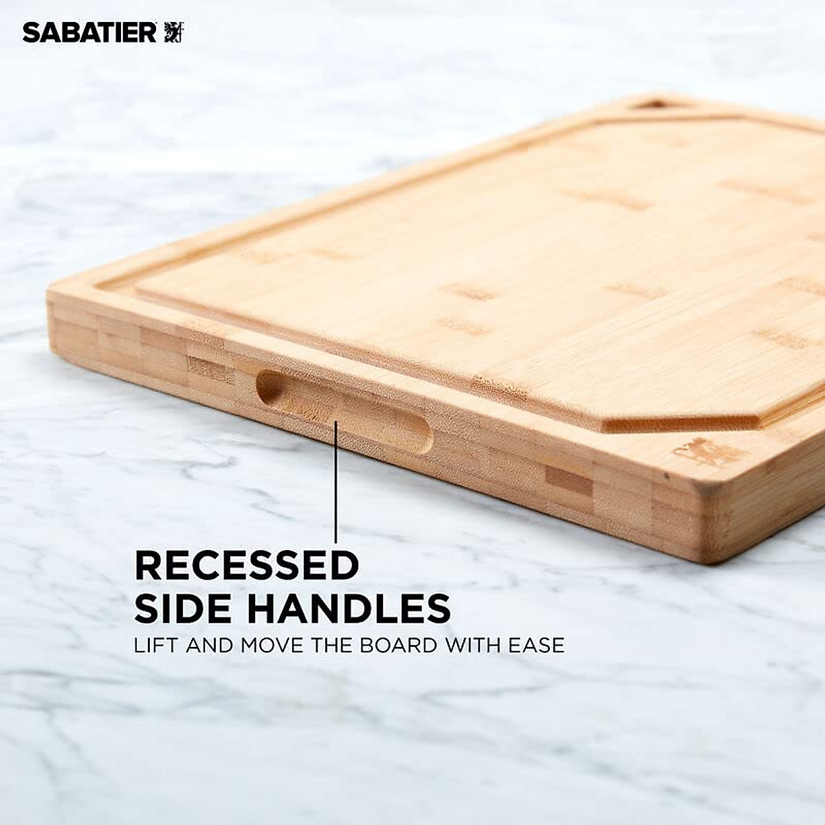 Sabatier Extra-Large Cutting Board with Juice Trench and Recessed Handles for Entertaining and Meal Prep, Reversible Kitchen Chopping Board, Bread Board with Built-In Grooves, 12x18 Inch, Bamboo