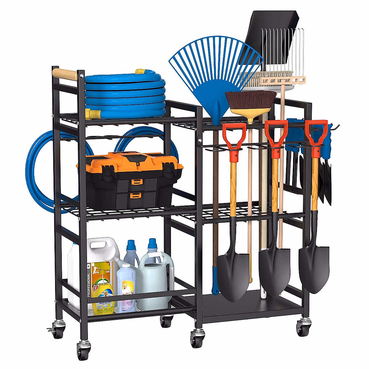 NADAMOO Large Garden Tool Organizer with Rolling Wheel, 3-Tier Metal Shelf Yard Tool Holder, Utility Stand Rack for Garage Organization and Storage, Hold Long-Handled Rakes, Shovel, Broom