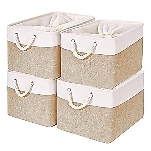 HOdo Home Fabric Storage Bin with Drawstring Closure and 2 Bold Handles, Collapsible Large Canvas Storage Baskets for Organizing Shelf Nursery Home (White and Yellow, 15.8L×11.8W×9.5H - 4Pack)