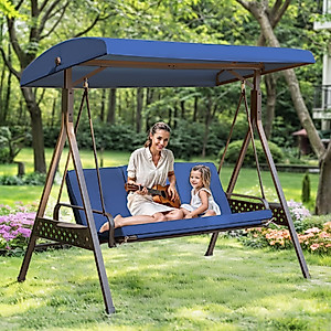 Sophia & William Outdoor Porch Swing with Adjustable Canopy,3-Seat Patio Swing Chair with Weather Resistant Steel Frame for Backyard Front Porch Lawn, Removable Cushions and Iron Tea Tray,Blue