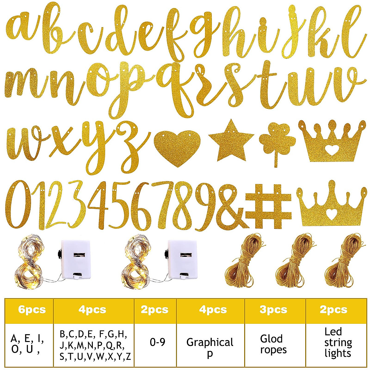 TaoBary 167 Pcs DIY Banner Kit Glitter Customizable Birthday Banner Glitter Make Your Own Banner Kit 162 Letters Symbols and Numbers 2 String Lights 3 Rope for Birthday Wedding(Gold)