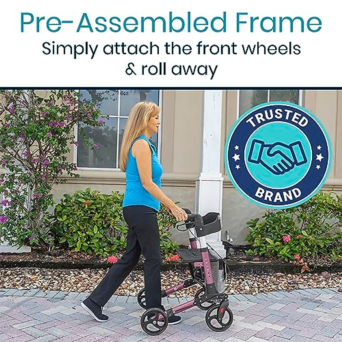 Vive Mobility Rollator Walker - Folding 4 Wheel Medical Rolling Walker with Seat & Bag - Mobility Aid for Adult, Senior, Elderly & Handicap - Aluminum Transport Chair (Pink)