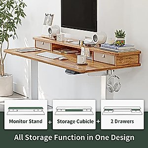 FEZIBO Height Adjustable Electric Standing Desk with Double Drawer, 55 x 24 Inch Stand Up Table with Storage Shelf, Sit Stand Desk with Splice Board, White Frame/Light Rustic Brown Top