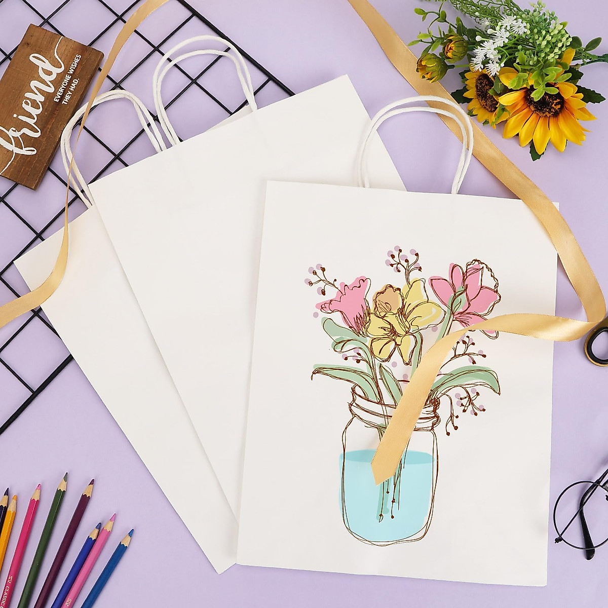 Moretoes Paper Bags with Handles 100pcs 10x5x13 Inches, White Kraft Gift Bags Bulk, Shopping Bags, Retail Bags for Small Business, Birthday Wedding Party Favor Bags, Merchandise Bags