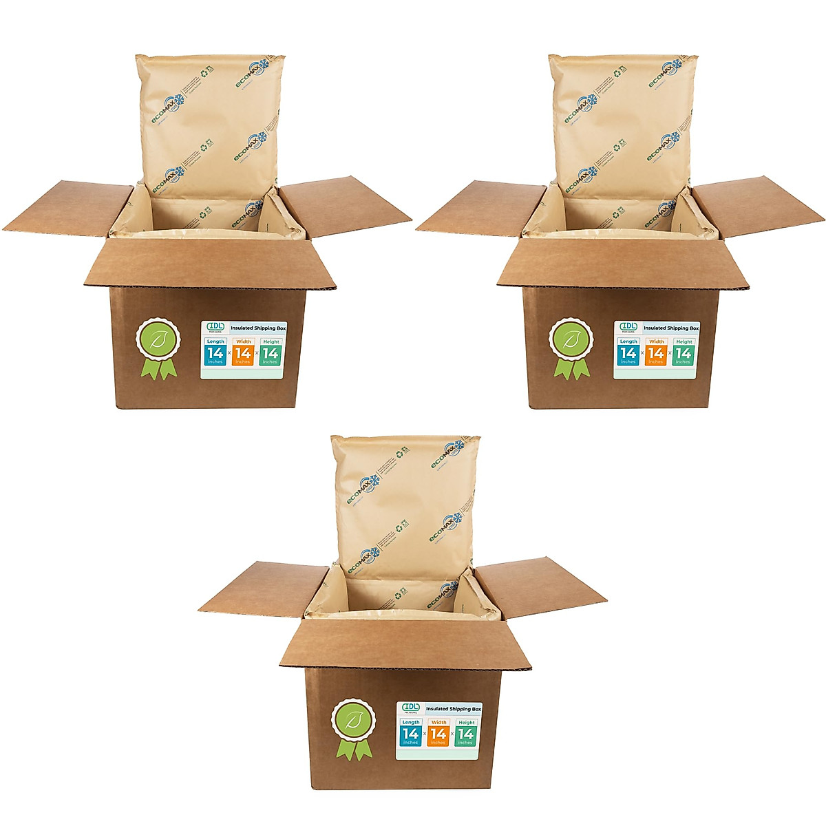 IDL Packaging 14" x 14" x 14" Insulated Shipping Box, 5.8-Gallon Capacity, Pack of 3 - Includes EcoMax™ Thermal-Paper Liners, Absorb Condensation - For Frozen Food, Meat, or Fish
