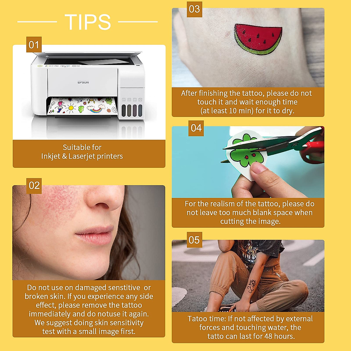 AYSOW Printable Temporary Tattoo Paper for Inkjet & Laser Printer, 5 Sheets A4 Size 8.3"x11.7" Waterproof DIY Image Transfer Decal Paper for Skin, Clear