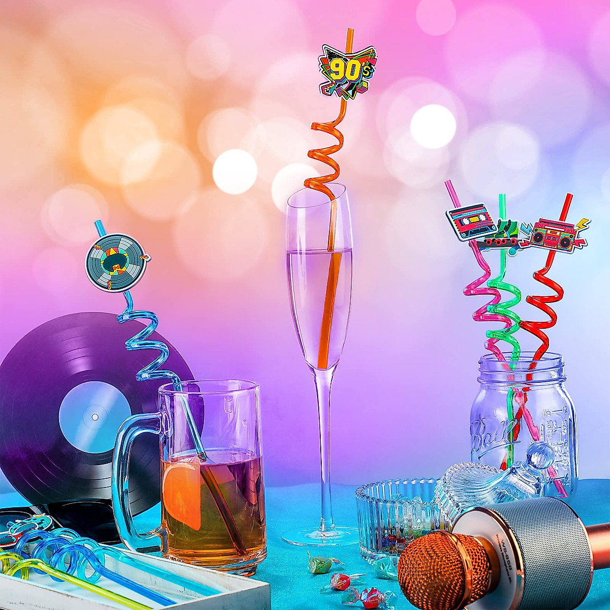 24 Pieces Christmas 90s Theme Straws 90's Rock Disco Party Supplies 1990's Retro Plastic Drinking Straws 90's Party Decorations for Birthday Disco Dancing Parties 8 Styles, 8 Colors