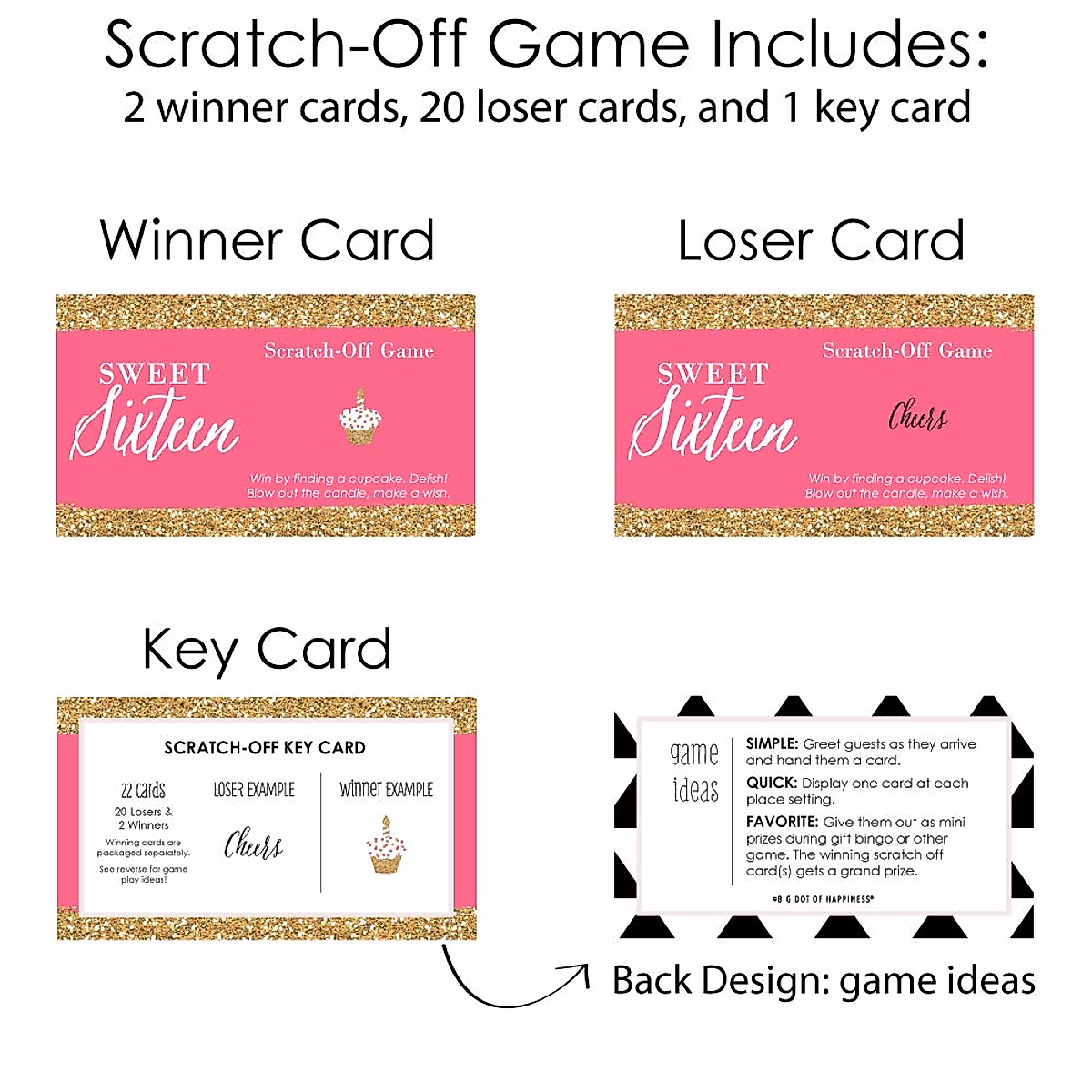 Big Dot of Happiness Chic 16th Birthday - Pink and Gold - Birthday Party Game Scratch Off Cards - 22 Count