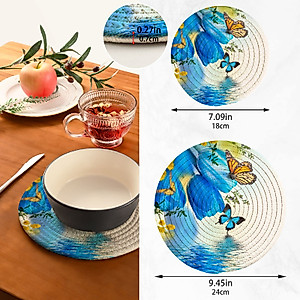 Kigai Blue Tulips with Mimosa and Butterfly Round Pot Holders Trivets Set 2 Pcs, 100% Cotton Thread Weave Trivets for Hot Dishes,Pot,Bowl,Teapot,Plates