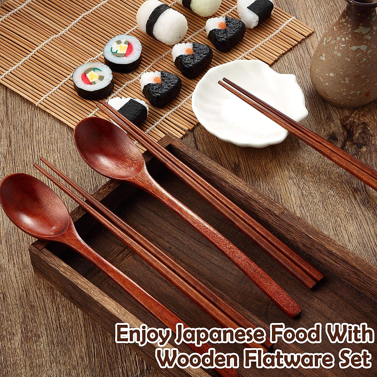 Wooden Spoon and Chopsticks Set Long Handle Spoon Chopstick Flatware Reusable Tableware Combination Utensils for Eating Food, 9.3 Inch (12)