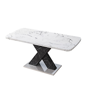Mcltopz Extendable Marble Dining Table, Marble Dining Table for 4-6, Expandable Dining Table with White Faux Marble Top and X Crossed Pedestal Base, Rectangular Kitchen Table for Dining Room Kitchen