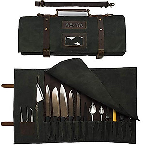 Asaya Waxed Canvas Knife Roll - 15 Knife Slots, Card Holder and Large Zippered Pocket - Genuine Leather, Cloth and Brass Buckles - for Chefs and Culinary Students - Knives Not Included