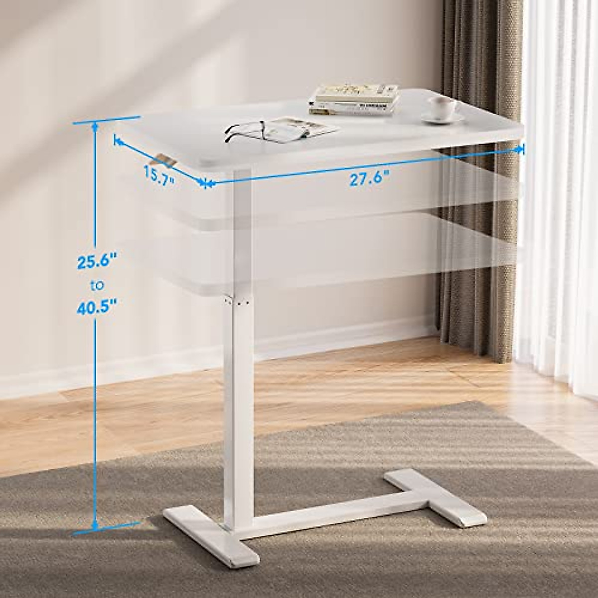 FLEXISPOT Medical Adjustable Overbed Bedside Table with Wheels Pneumatic Mobile Standing Desk Laptop Desk Rolling Computer Cart Movable Overbed Table Hospital Home Use(27.6" W x 15.7" D, White Table)