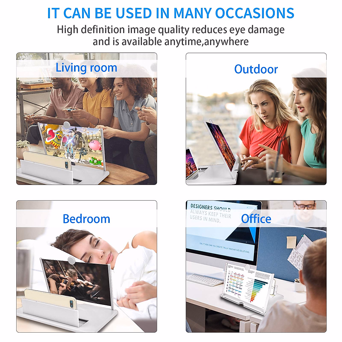 14 inch Screen Magnifier for Cell Phone 3D Magnifier Screen Enlarger for Movies,Videos,Reading,Gaming-Screen Amplifie with Foldable Phone Stand Holder. Compatible with All Smartphones-White