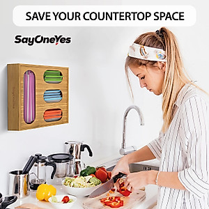 Sayoneyes Ziplock Bag Organizer for Drawer - Premium Bamboo Plastic Bag Storage Organizer for Kitchen – Compatible with Ziploc, Glad, Hefty, Solimo for Gallon, Quart, Sandwich & Variety Size Bags