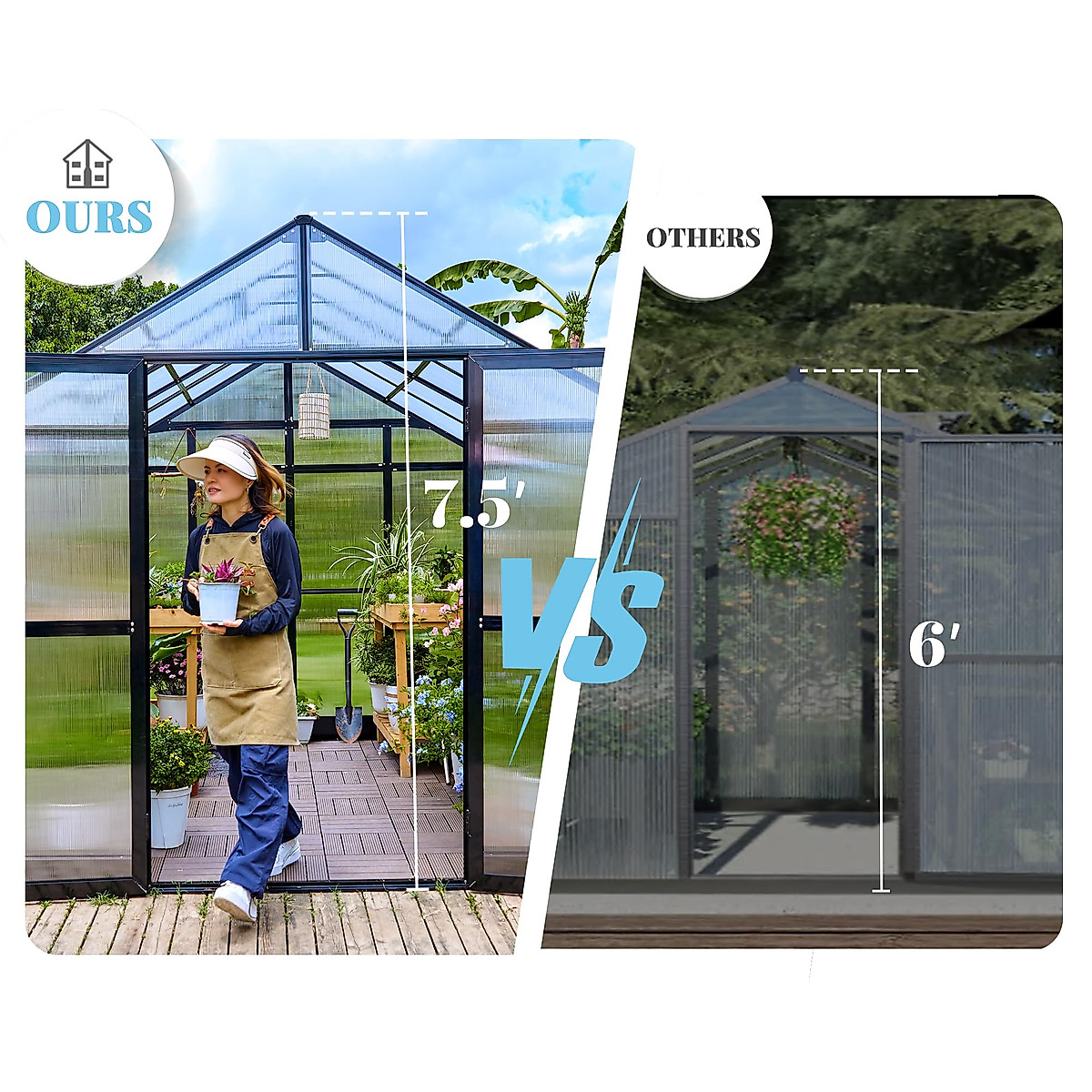 Jocisland 7.5x9.4x7.4 FT Outdoor Aluminum Polycarbonate Greenhouse with Ventilation and Rain Gutter, 2 Swing Doors with Hook, Walk in Greenhouse for Outdoors Backyard Garden