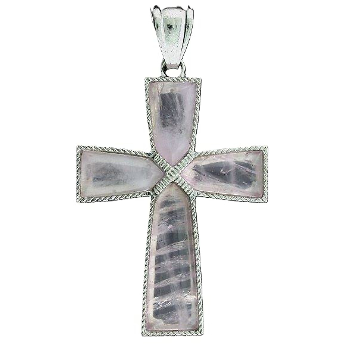 ONE Large 2 3/10 INCH SILVERPLATED GEM Stone Gemstone Rose Quartz Cross Pendant