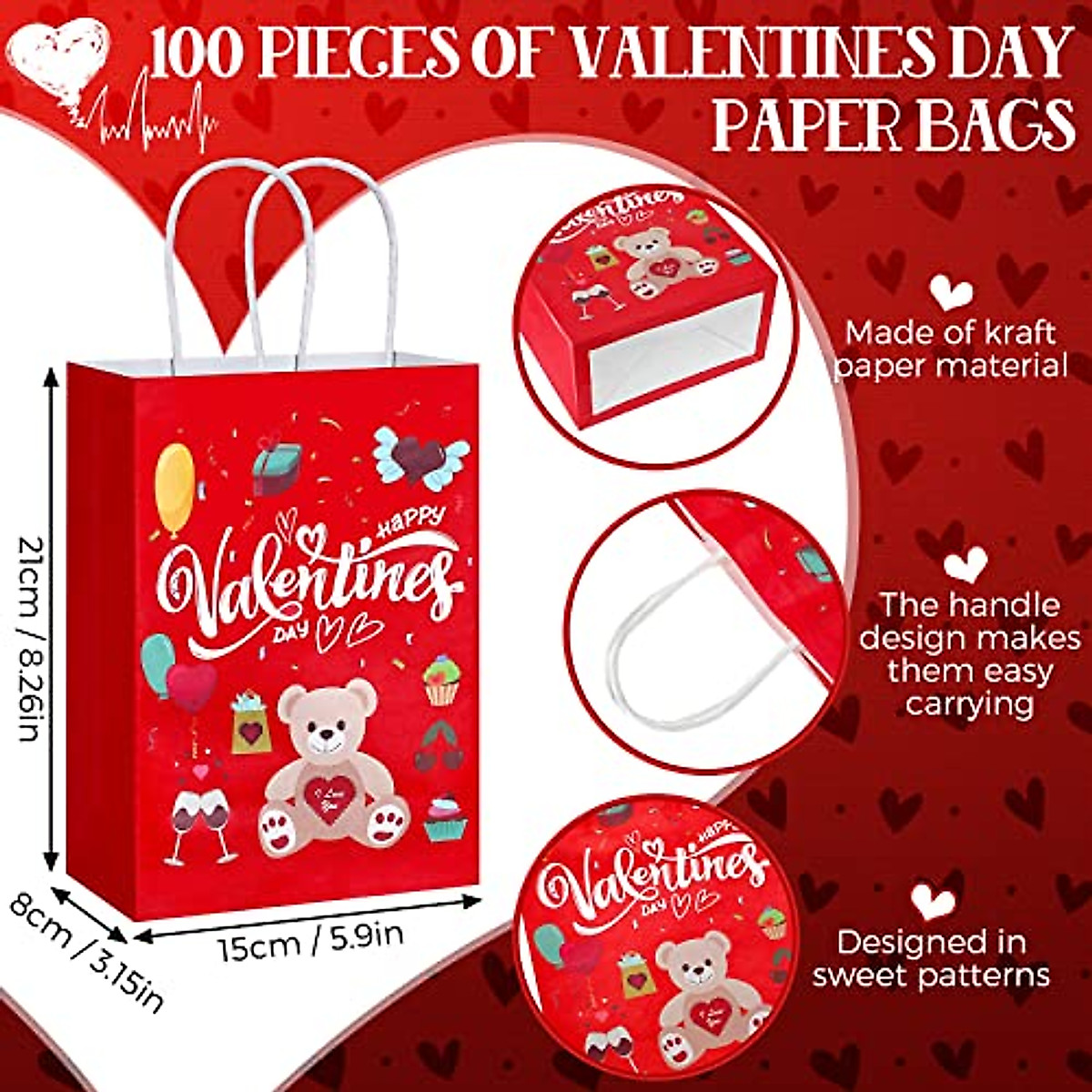 Sherr 100 Pieces Valentine's Day Paper Gift Bags Elegant Coated Paper Wrapping Bags Cardboard Bags Love Candy Present Bags with Handle for Wedding and Valentine Party Favors Gift Giving Gift Wrapping