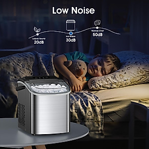 Joy Pebble Ice Maker Countertop with Handle, Self-Cleaning Portable Ice Machine with Basket and Scoop, 26Lbs/24H, 9 Cubes Ready in 6-8 Mins, for Home/Office/Kitchen, Stainless Steel