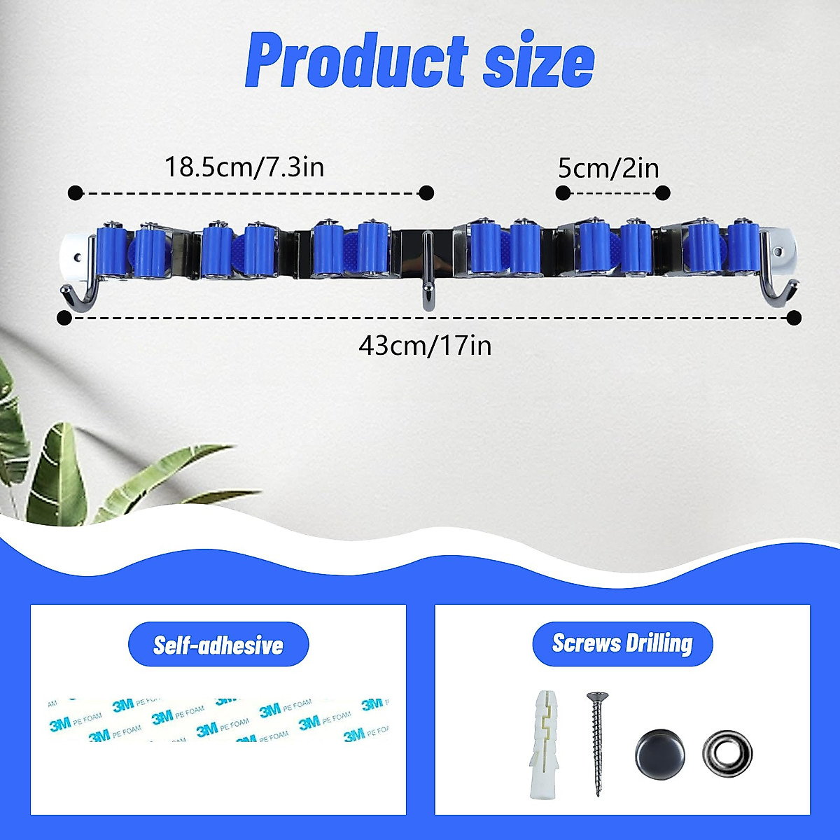 Mop Broom Holder Wall Mounted,6 Racks 3 Hooks Heavy Duty Stainless Steel Broom and Mop Hangers,Garage Storage Rack & Garden Tool Organizer, Self-adhesive/Screw Drilling
