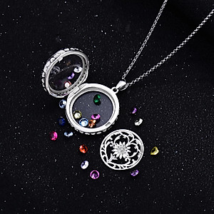 SOULMEET Round Sunflower Floating Locket Necklace That Holds Birthstones/Pictures/Hair Locket Living Flower DIY Floating Charm Memory Necklace for Women