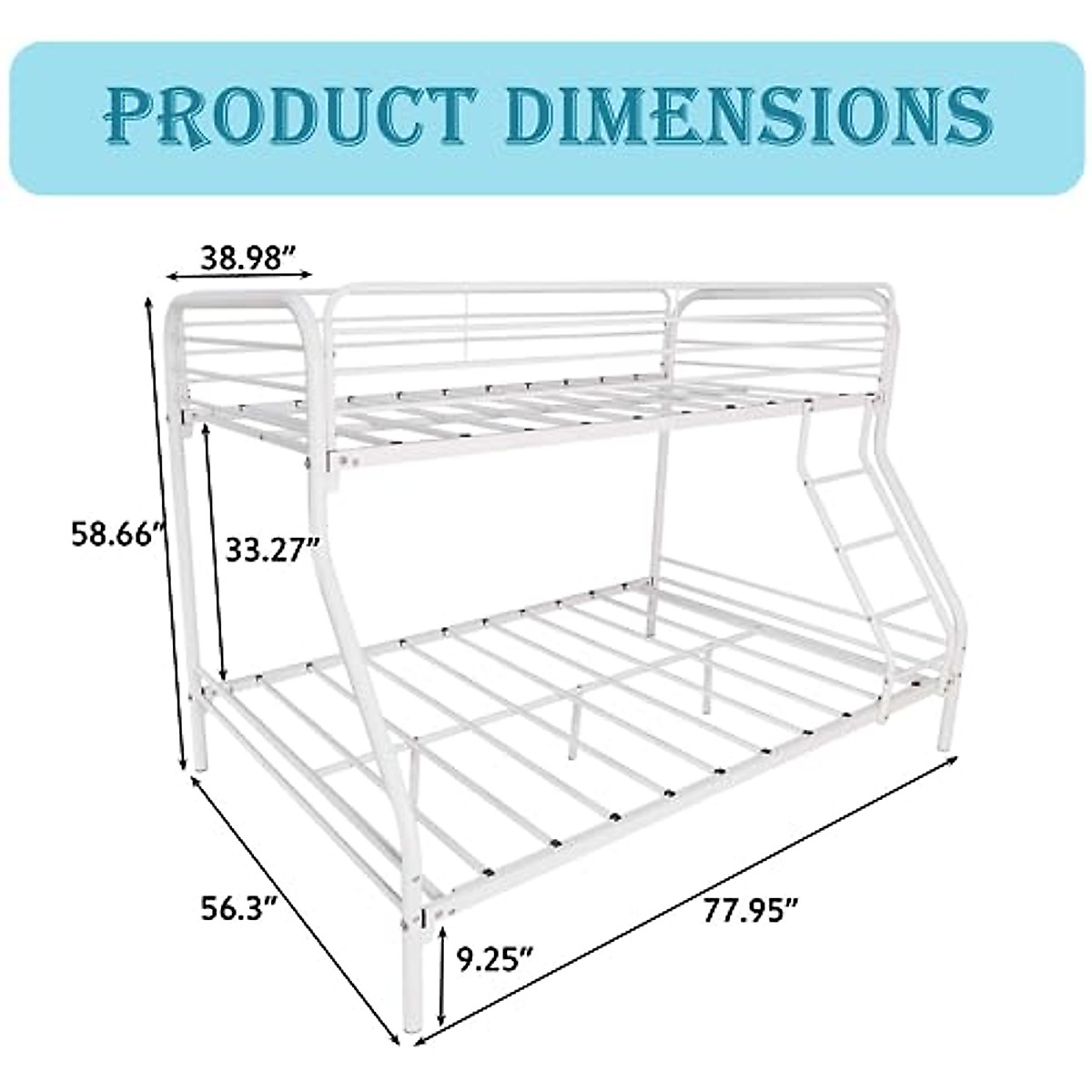 Heliosphere Heavy Duty Twin Over Full Size Bunk Bed with Safety Guard Rails & Inclined Ladder, Metal Bunk Bed with Under Bed Storage Space for Teens Adults, Noise Free/No Box Spring Needed (White)