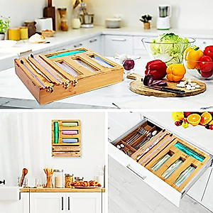 Foil and Plastic Wrap Organizer with Ziplock Bag Storage Organizer for Kitchen Drawer,Bamboo Wood Foil Dispenser with Cutter, Food Bag Holders for Sandwich, Snack, Gallon, Quart Bags