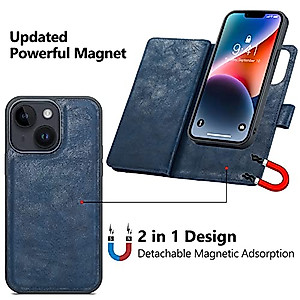 Varikke for iPhone 14 Wallet Case, Detachable Magnetic Wallet Flip Cases with Card Holder & Kickstand & Wristlet Fits iPhone 14 [6.1 inch] Phone Cover for Women Men Durable PU Leather, Vintage Blue