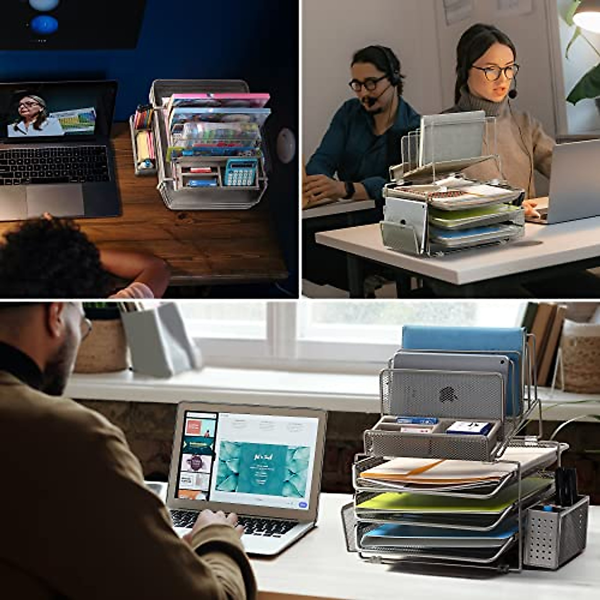 DESIGNA Stackable Mesh Desk Organizer with 3 Sliding Letter Trays 4 File Holders 2 Side Compartments & Pencil Holder Non-slip All In One Desktop Accessories Organizers Office Storage, Champagne