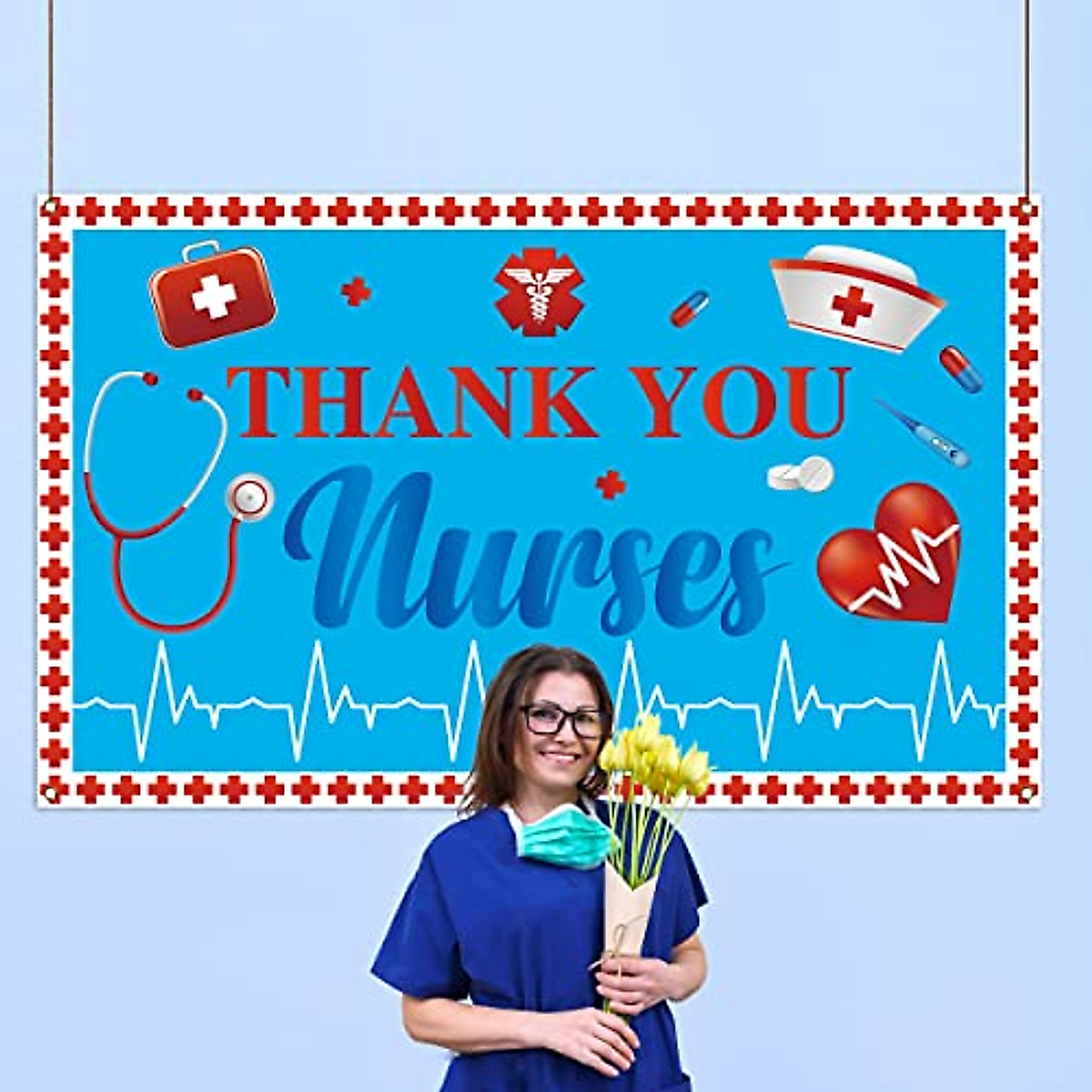 Thank You Nurses Backdrop Banner Nurse Week RN Cap Cross Heartbeat May Holiday Party Photography Background Wall Decoration