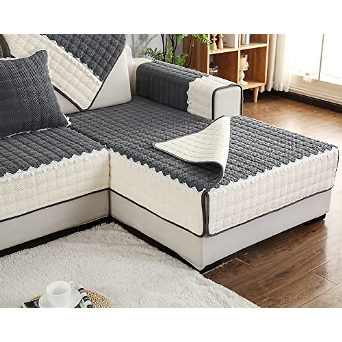 vctops Soft Corduroy Sofa Couch Cover, Plaid Sectional Couch Covers, Non-Slip Sofa Slipcover for Dogs Cats Kids(Dark Grey,28"x28")