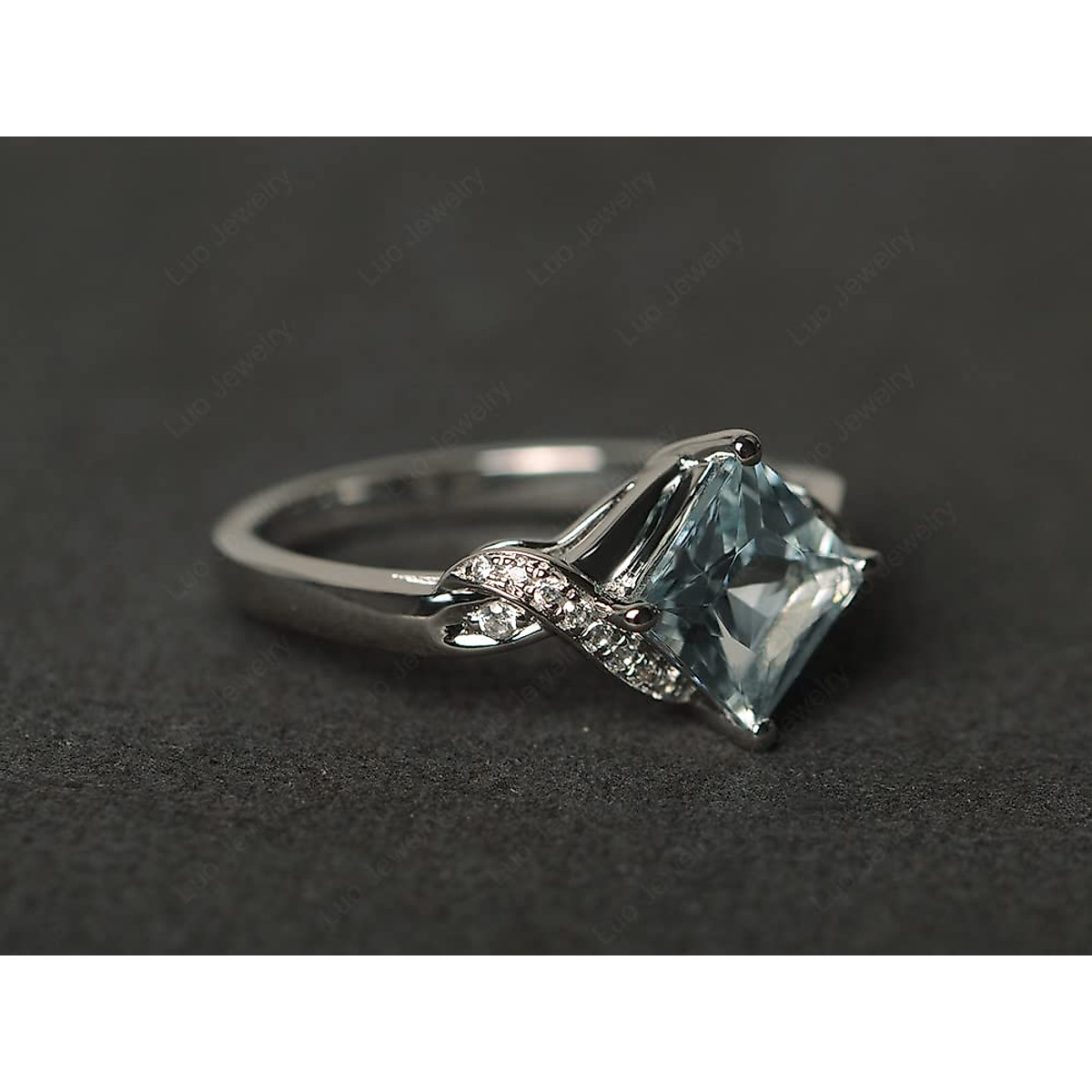 LUO 925 Sterling Silver Aquamarine Ring Kite Set Square Cut 7X7 MM Engagement Ring for Women US Size 6