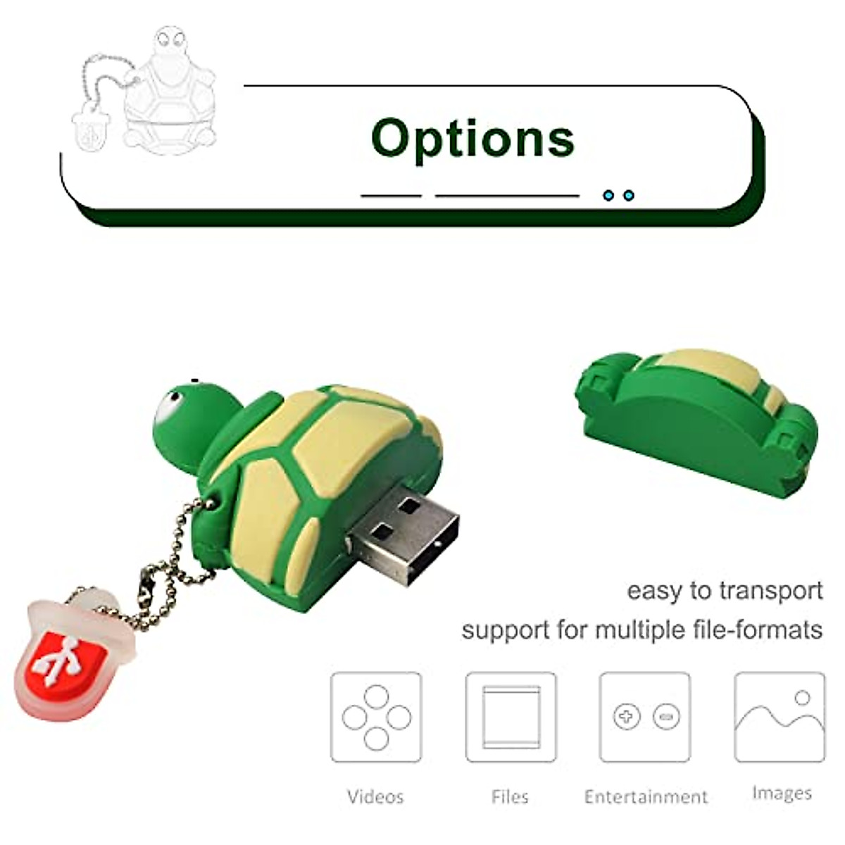 64GB USB Flash Drive Cute Turtle-Shaped, BorlterClamp Funny Memory Stick Cute USB 2.0 Drive Novelty Thumb Drive for External Data Storage, Green