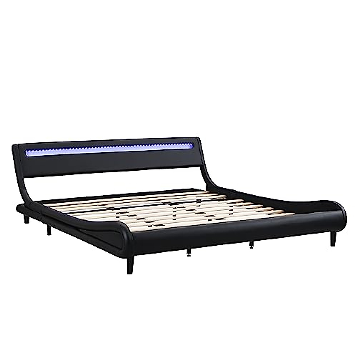 HAUSHECK King Size Upholstered Platform Bed, LED Bed Frame with Lights Headboard, Modern Faux Leather Bedframe No Spring Box Needed for Kids, Teen & Adults, King Beds with Strong Wood Slats Support